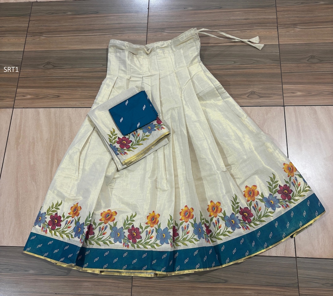 Onam Special Floral Golden Tissue Davani Set, Skirt Stiched ...