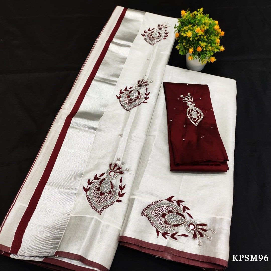 Silver Tissue Set Mundu With Stitched Blouse & Non Stitched Material ...