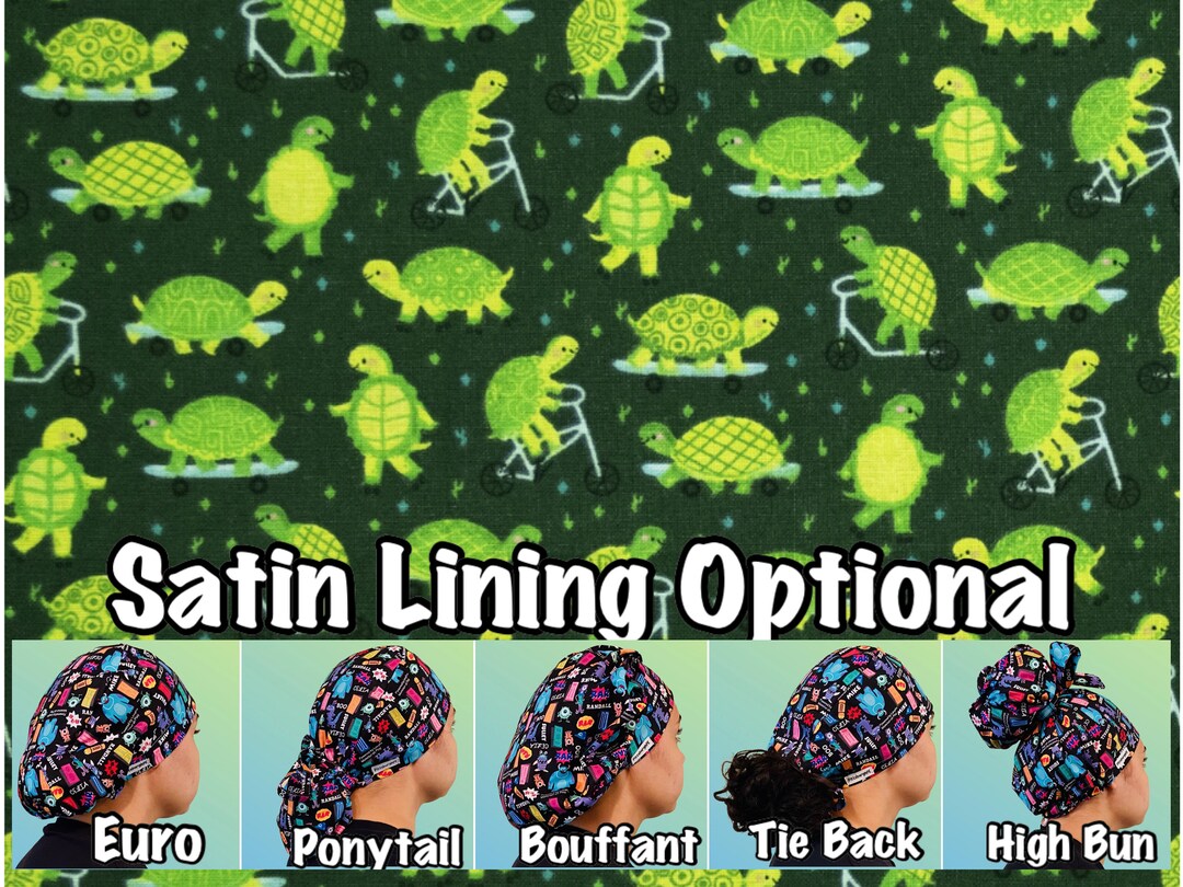 Playful Turtle Scrub Cap With Satin Lining Ponytail, Euro, High Bun ...