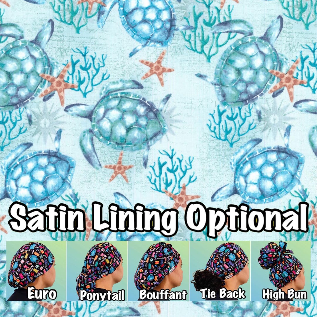 Sea Turtle Scrub Cap With Satin Lining, Ponytail, Euro, High Bun ...