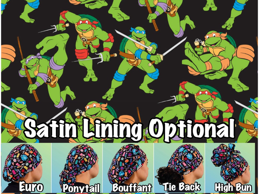 Cartoon Turtle Scrub Cap Satin Lining, Ponytail, Euro, High Bun ...