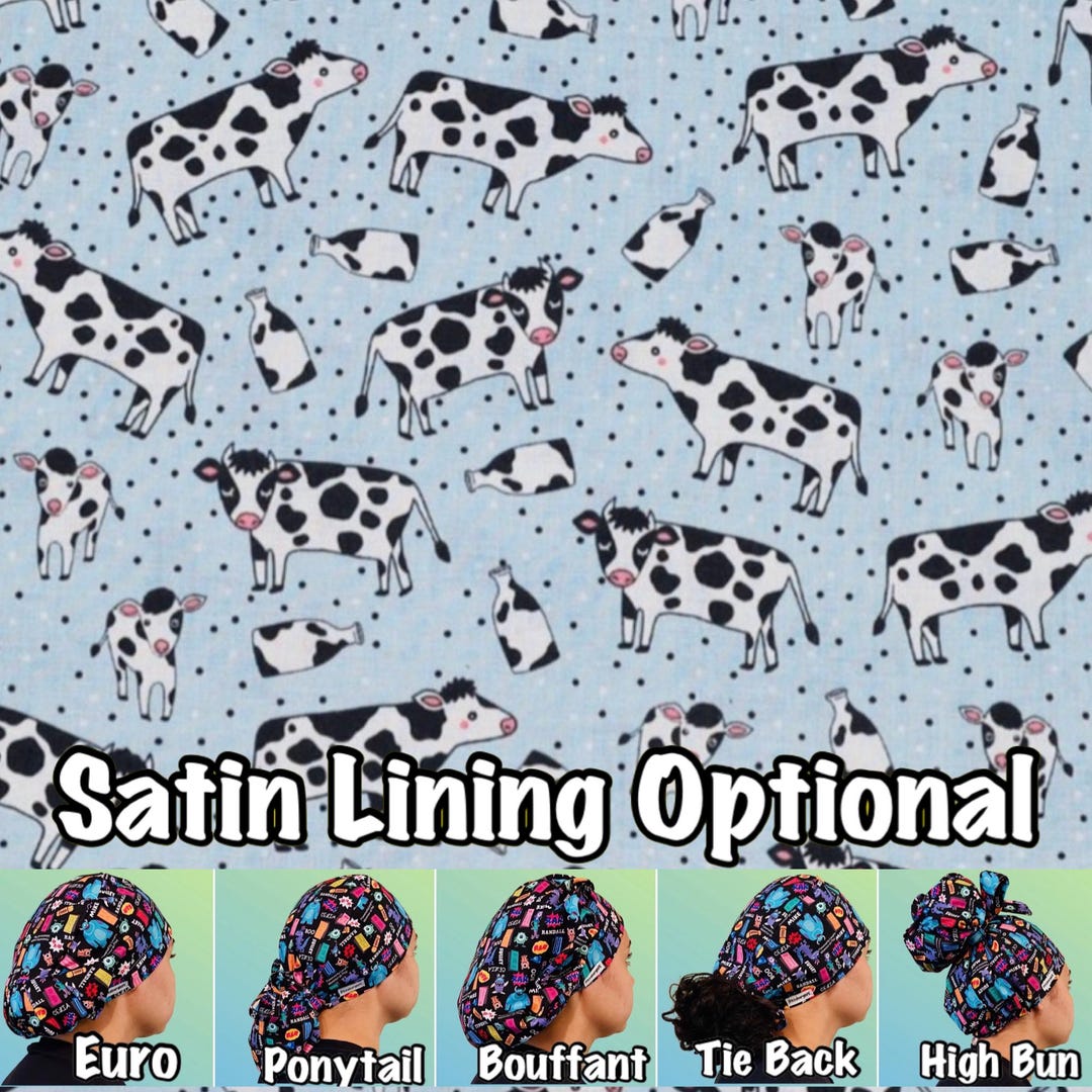 Cow Scrub Cap With Satin Lining Option- Euro Ponytail Tie Back Bouffant ...