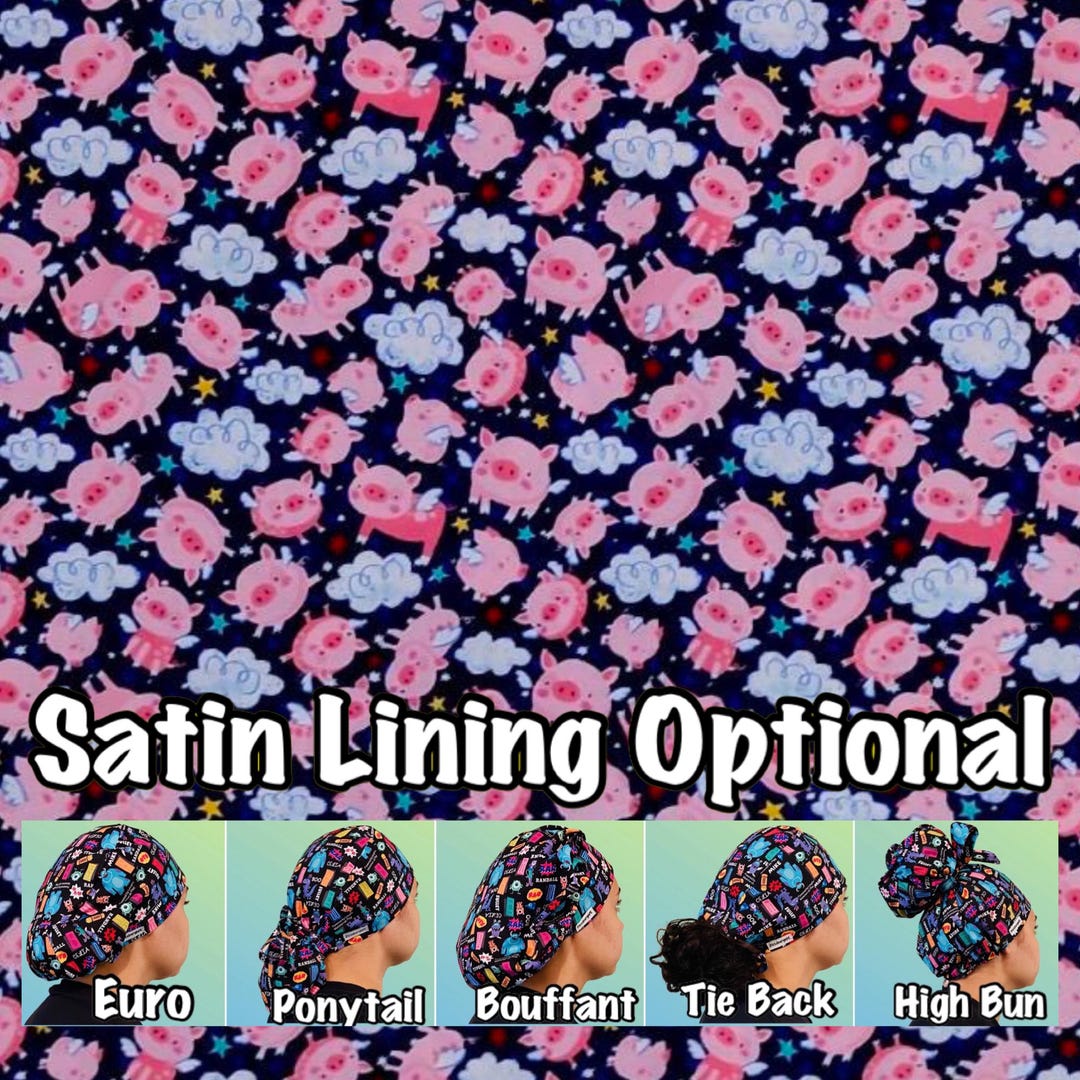 Flying Pigs Scrub Cap With Satin Lining, Ponytail, Euro, High Bun ...