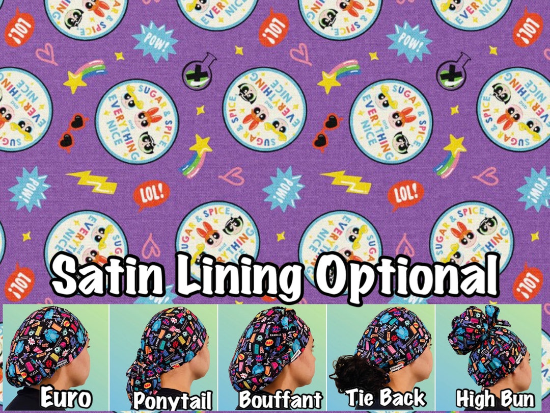 Satin Lined 90s Cartoon Scrub Cap With Buttons, Ponytail Scrub Hat ...