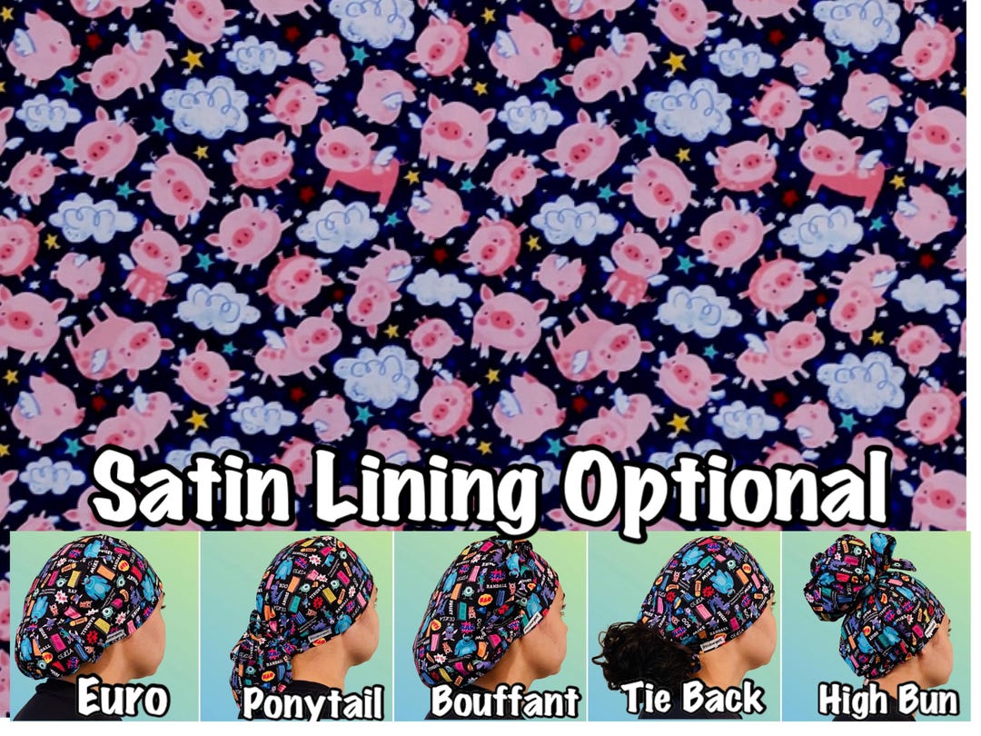 Flying Pigs Scrub Cap With Satin Lining, Ponytail, Euro, High Bun ...