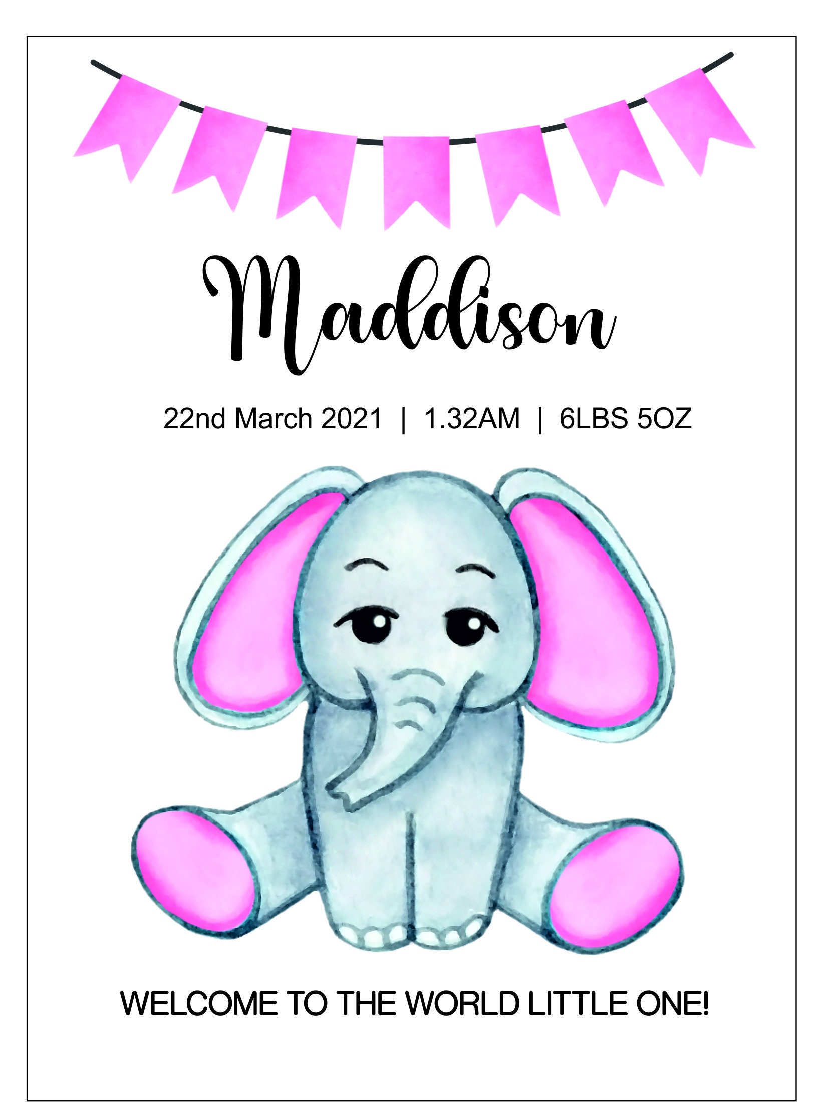 Cute Baby Elephant & Bunting Personalised Birth Frame | Etsy