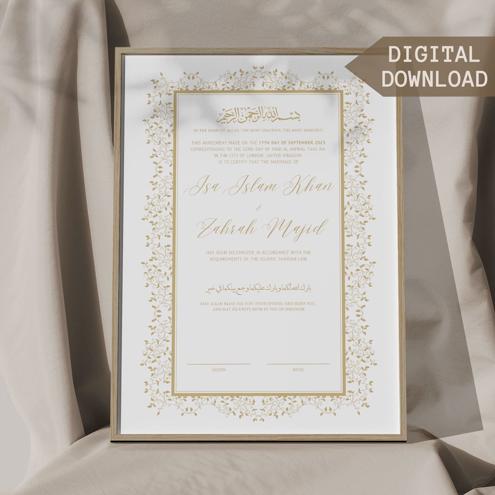 Nikah Contract Gold Nikkah Certificate Digital Islamic Marriage ...