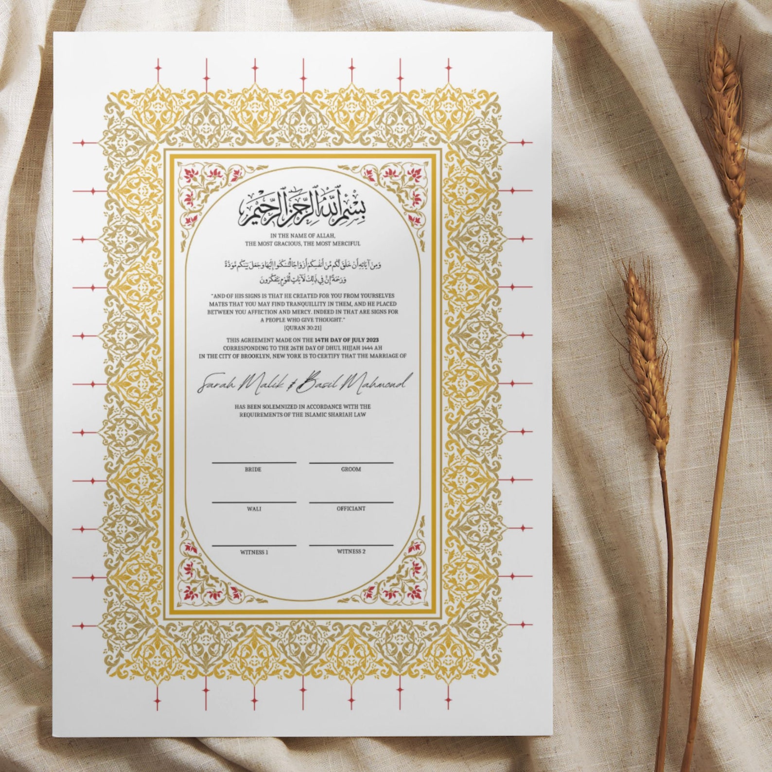 Printable Nikkah Certificate Gold Nikkah Contract Digital Nikah Nama ...