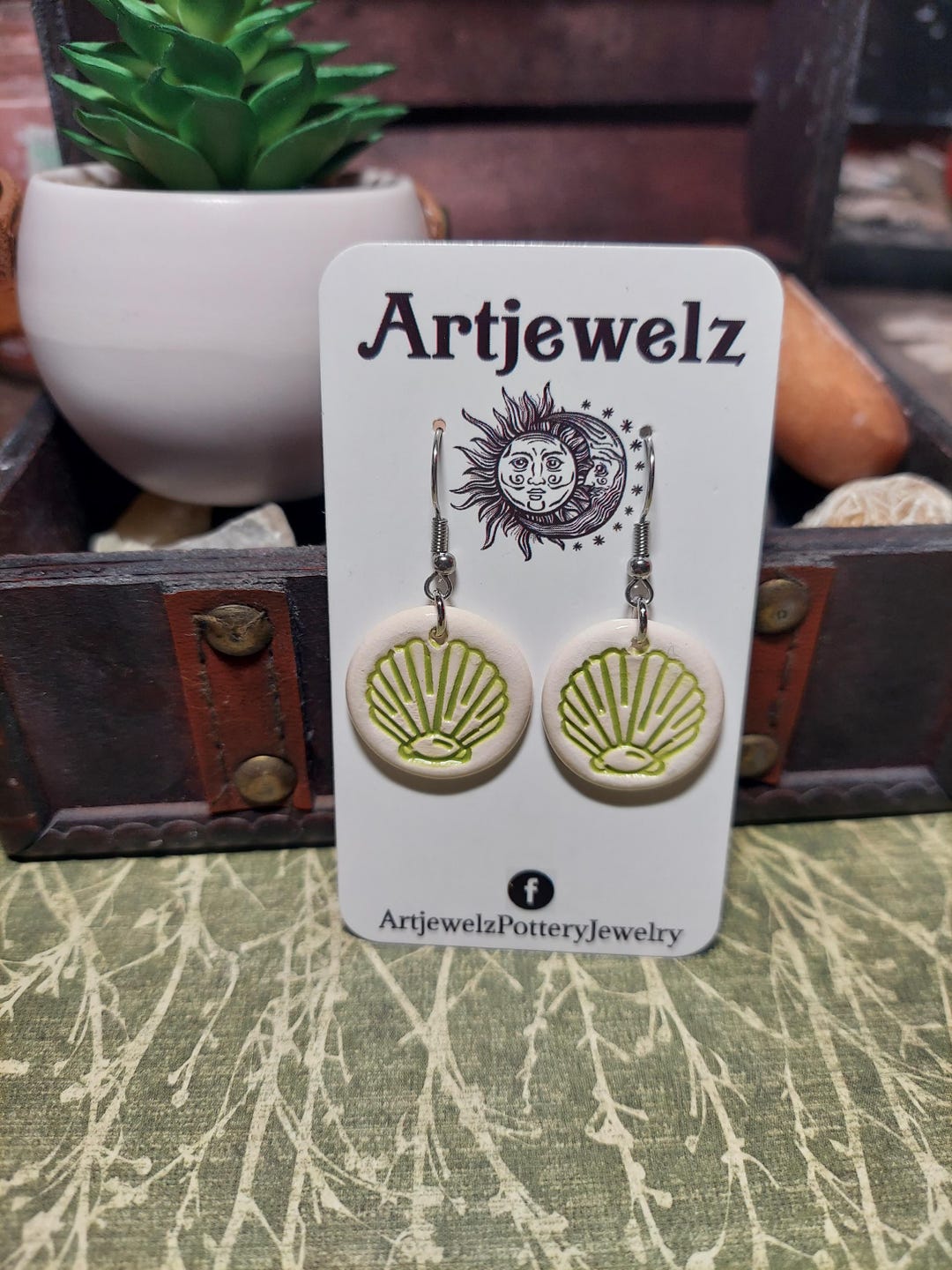 Handcrafted Stoneware Green Sea Shell Handmade Pottery Jewelry Earrings ...