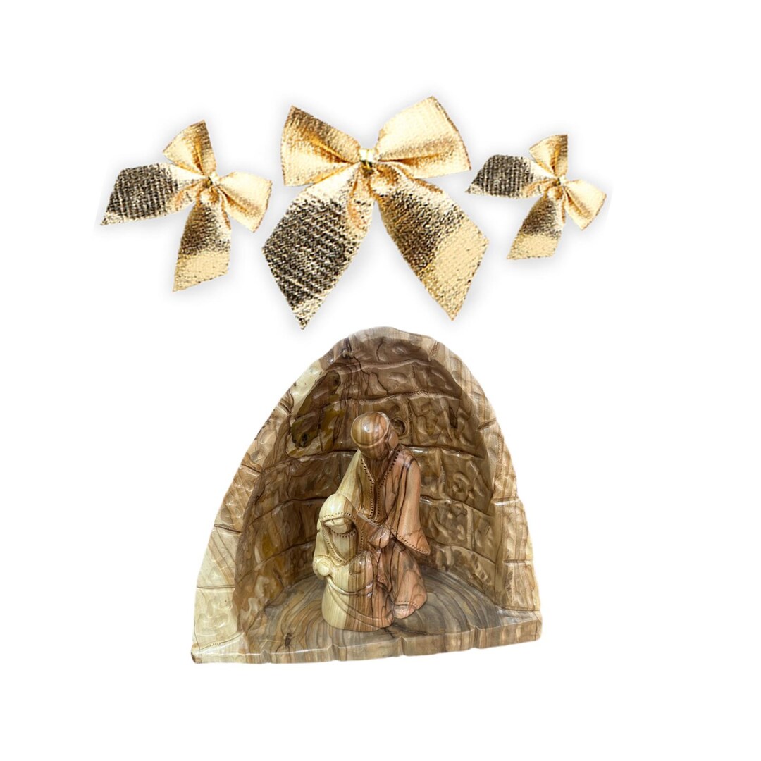 Handcrafted Olive Wood Nativity Cave With Holy Family Nativity Set ...