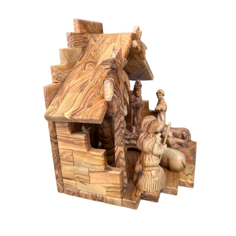 Olive Wood Nativity Cave Set From Bethlehem | Hand Carved Holy Family ...