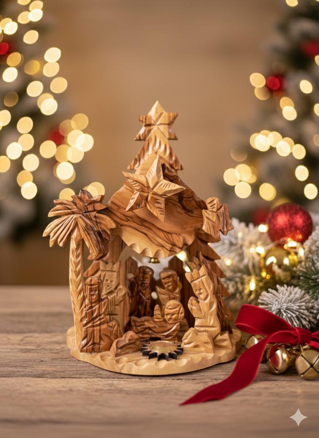Musical Olive Wood Nativity Set Christmas Tree Shape Christmas Tree ...
