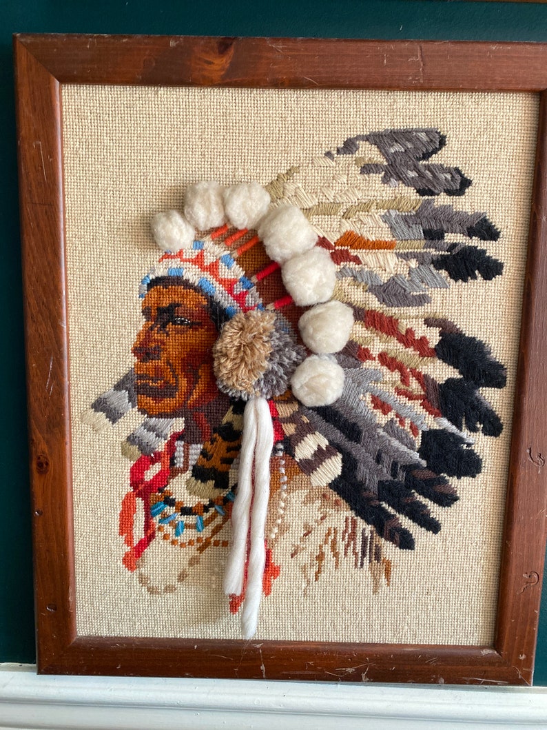Large Framed Crewl of Indigenous Man in Headress - Etsy