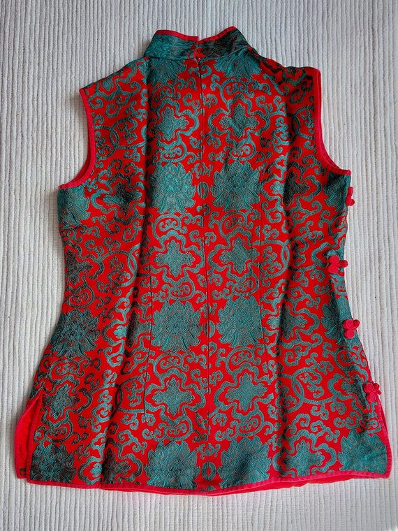 Chinese vest red green silk Oriental style Vintage F… - Gem