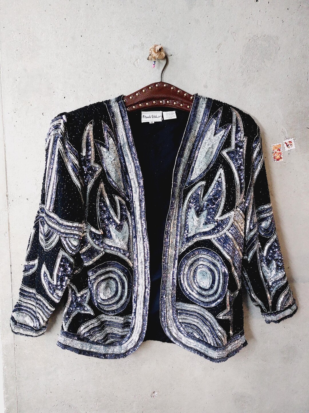 FRANK USHER Silver Sequin Silk Black Dressy Evening Jackets Size M ...
