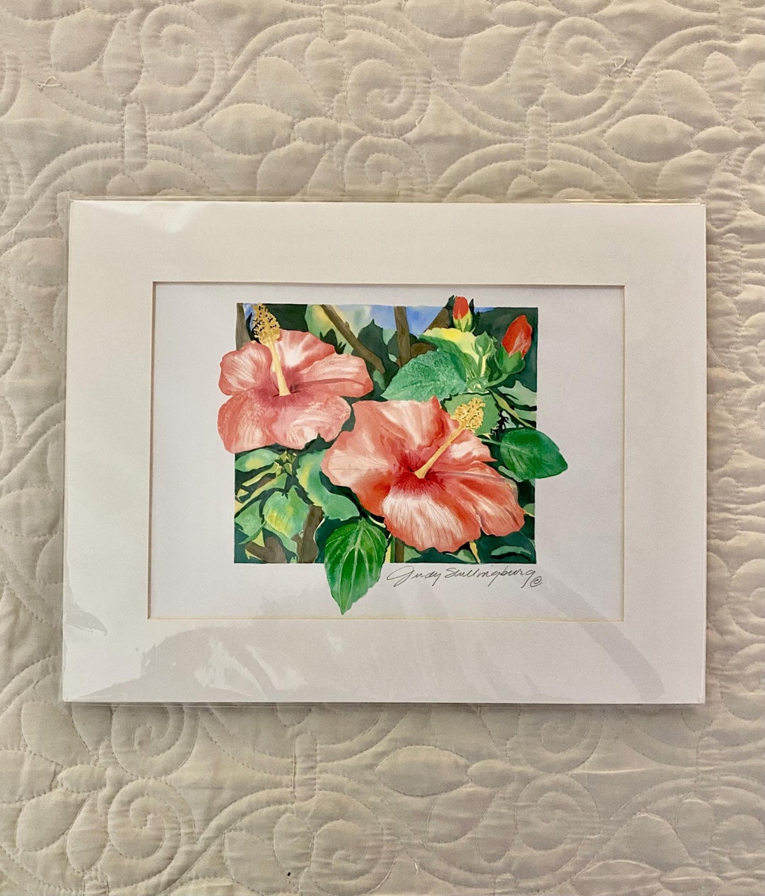 Vintage Hibiscus Watercolor - Judy Shillingburg - Matted Signed Artwork ...