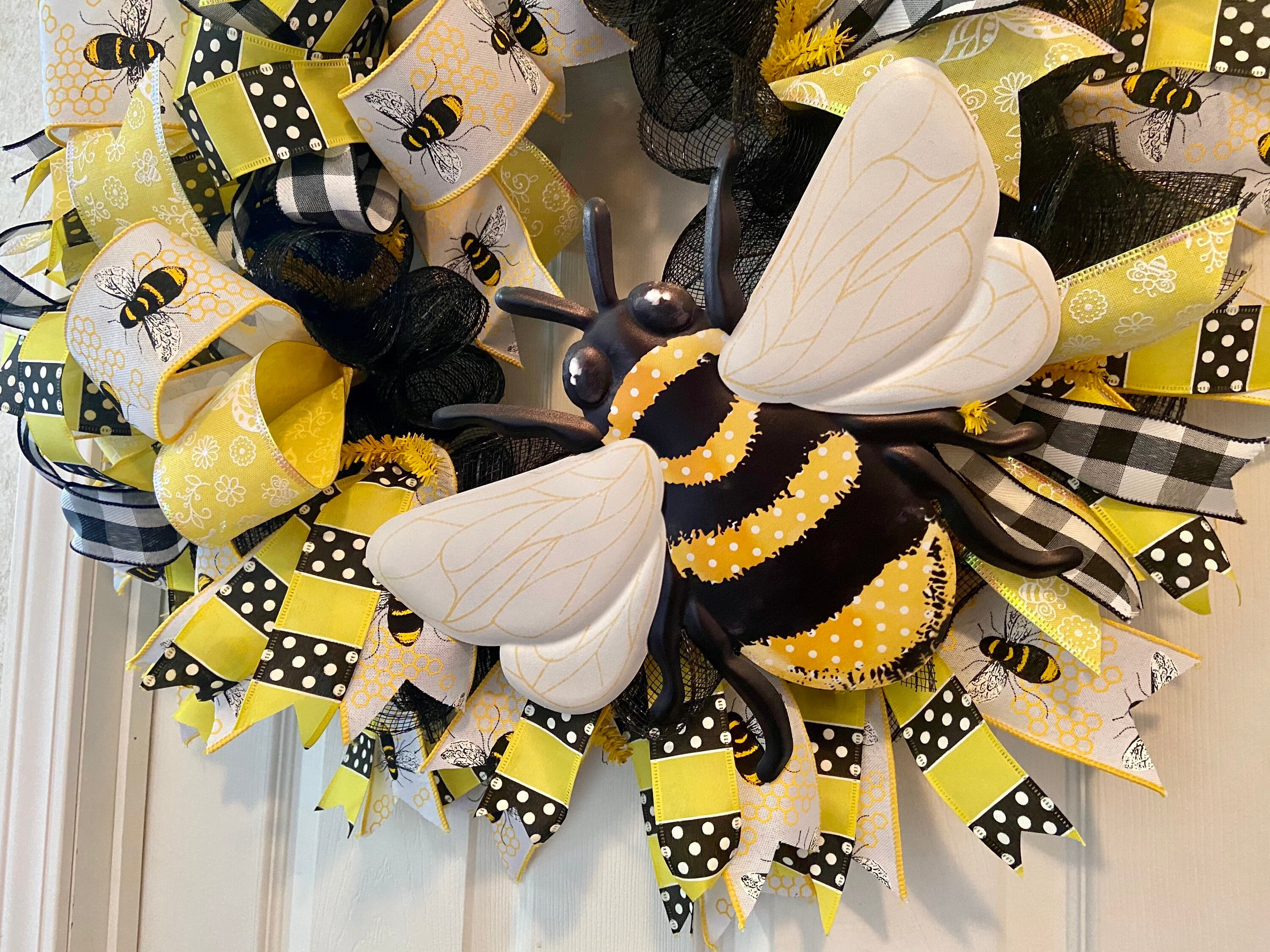 Bumble Bee Wreath, Front Door Wreath, Deco Mesh Wreath, Ribbon Wreath ...