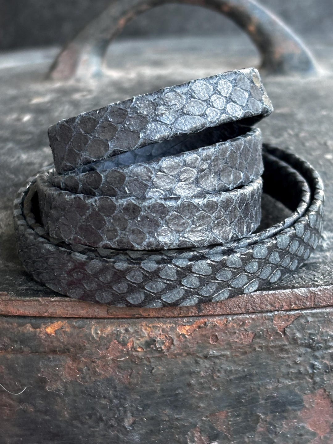 Black Snake Engraved 10mm Flat Leather Cord, Snake Print Leather, Matte ...