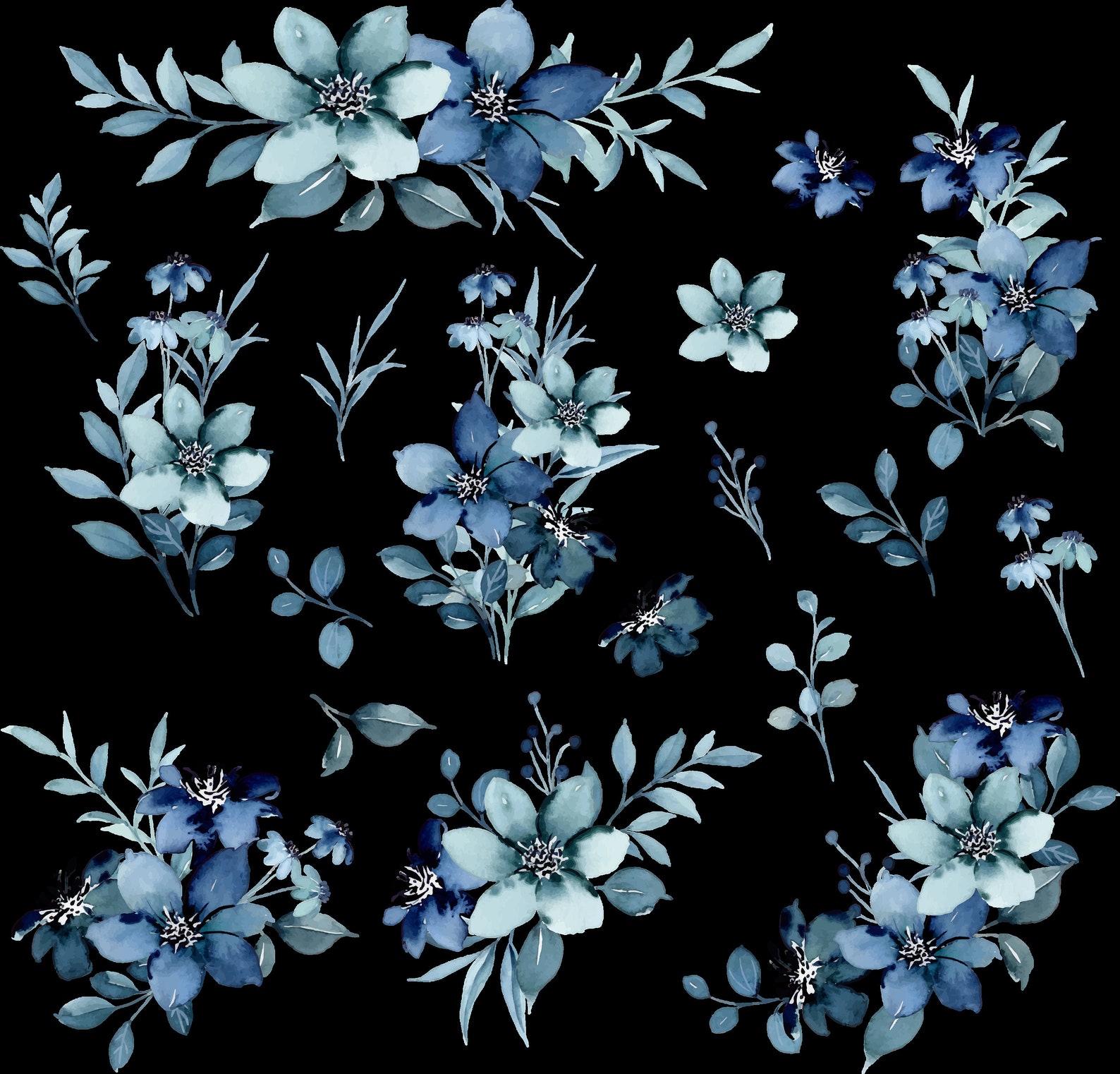 Blue Flowers Watercolor Floral Clipart PNG Bundle Wreaths - Etsy