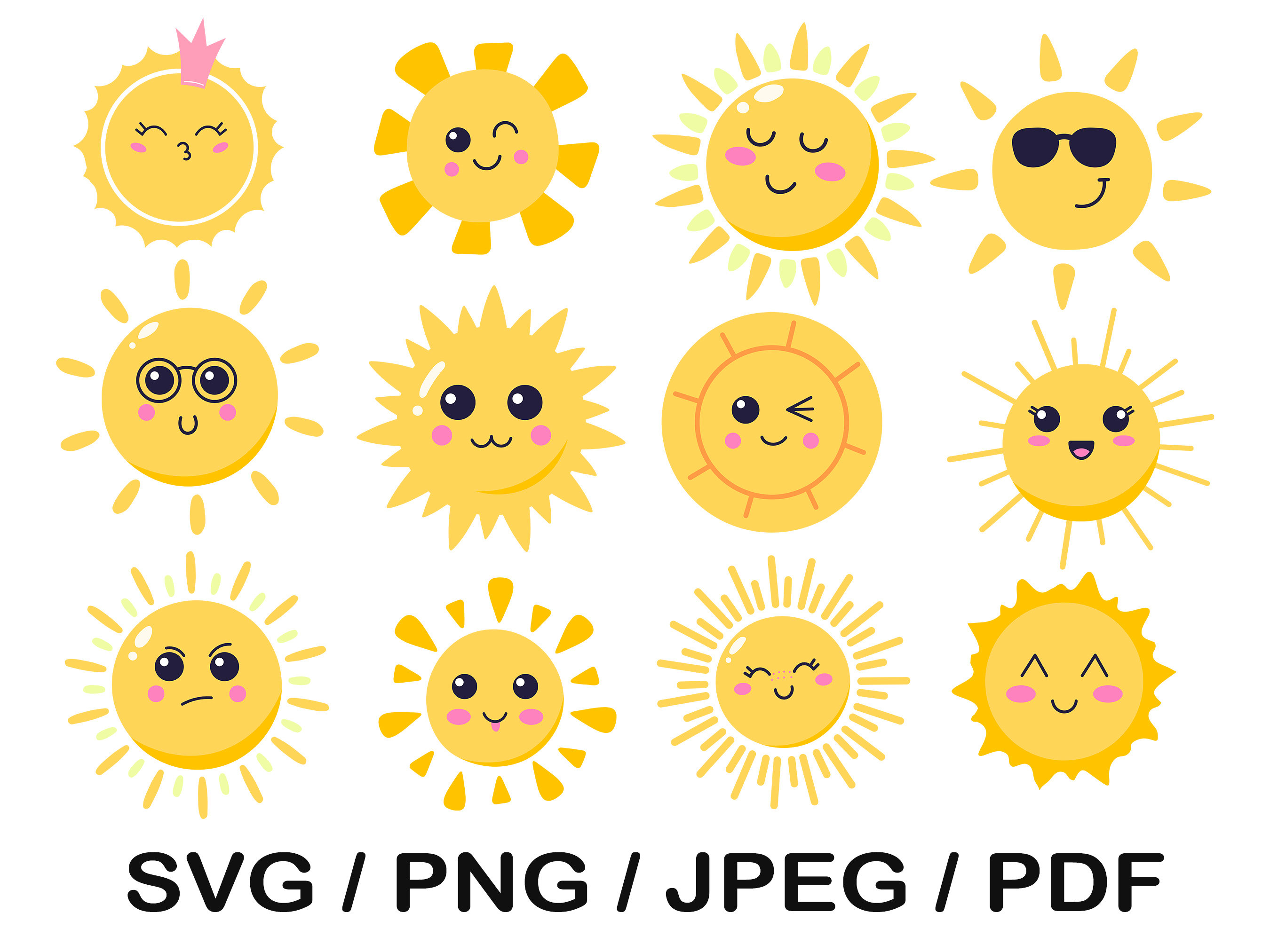 Cute Sun SVG Collection Cute Sun Sunshine Clipart. Sun - Etsy