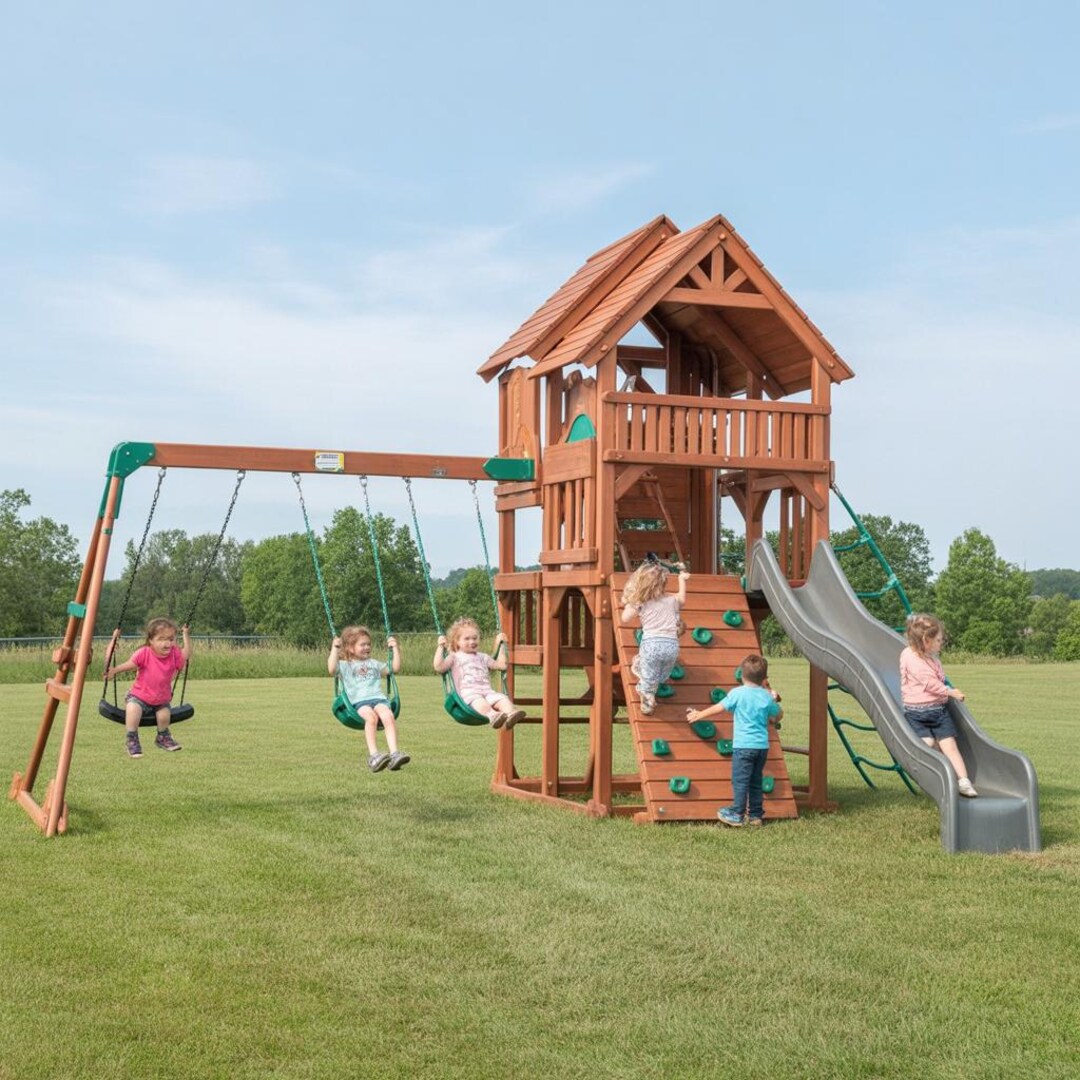 Outdoor Cedar Wood Playset With Clubhouse, Swings, 10ft Wave Slide ...