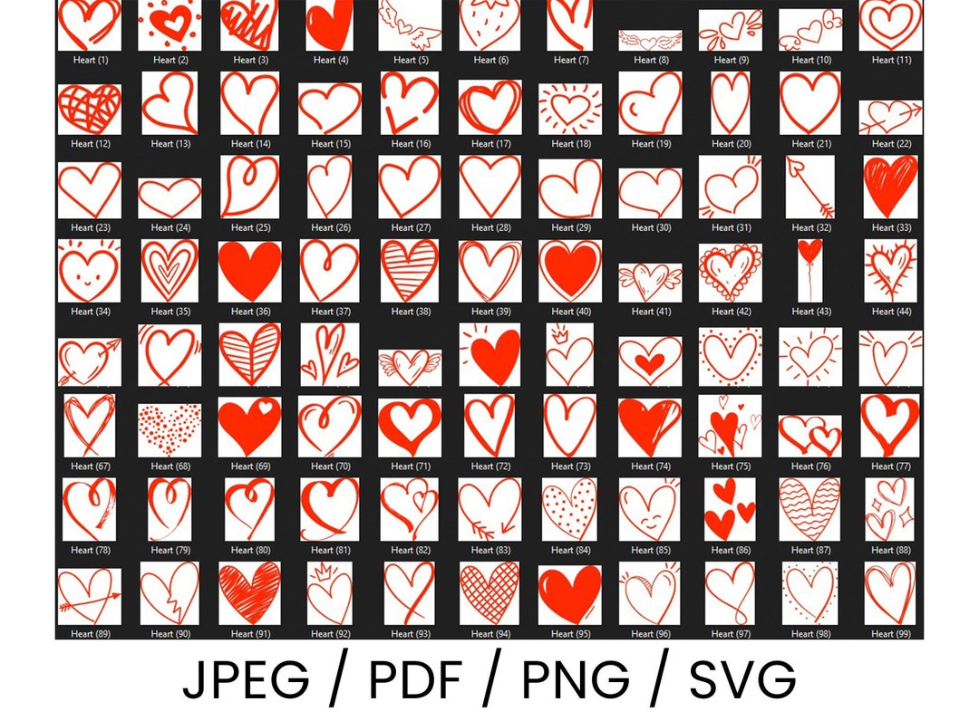 100 Red Valentine Doodle Heart Bundle, Doodle Heart, Hand Drawn ...