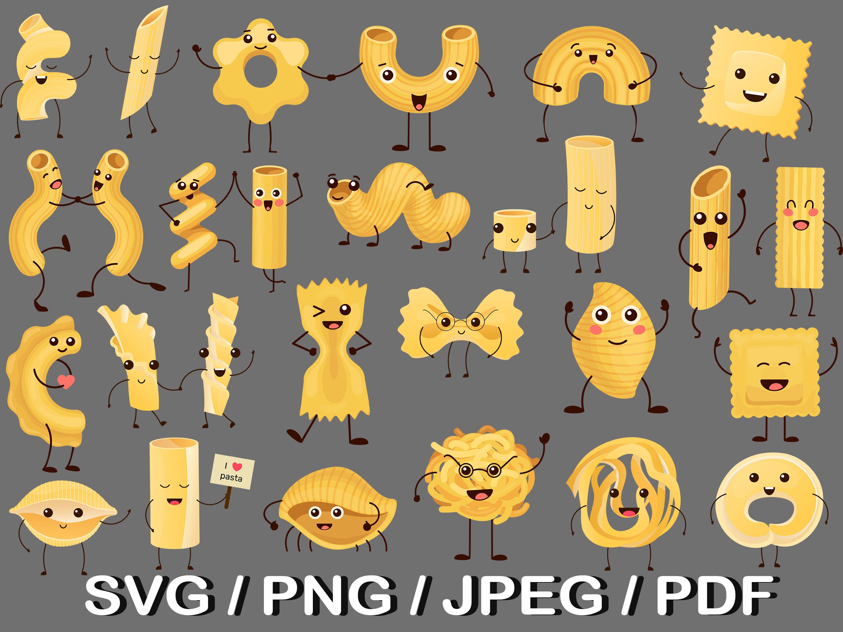 Cute Pasta Cartoon Character, Pasta SVG Bundle, Pasta Svg, Italian ...