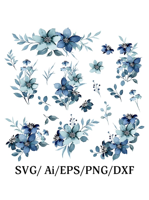 Blue Flowers Watercolor Floral Clipart PNG Bundle Wreaths - Etsy