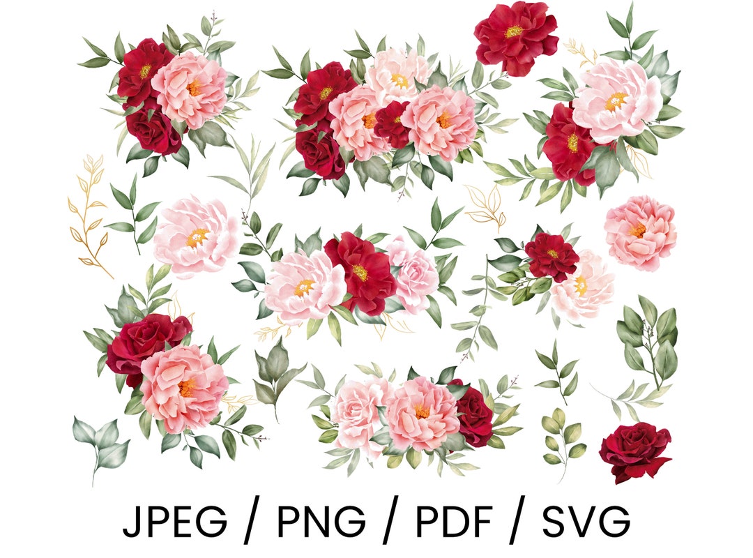 Red Rose Flower SVG Bundle, Floral Clipart Watercolor, Red Rose ...