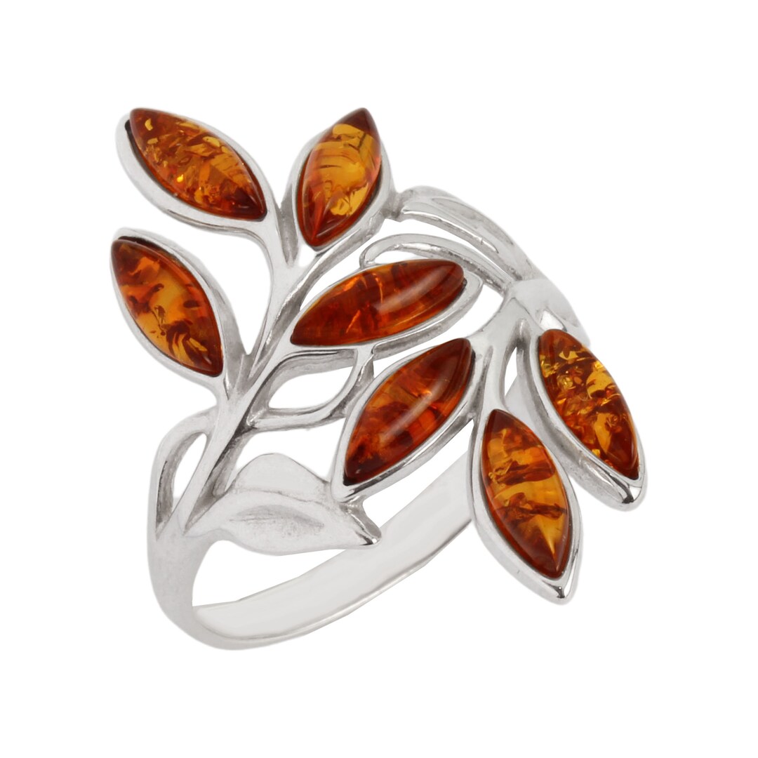 Baltic Amber Leaves Ring, Genuine Honey Baltic Amber 925 Sterling ...