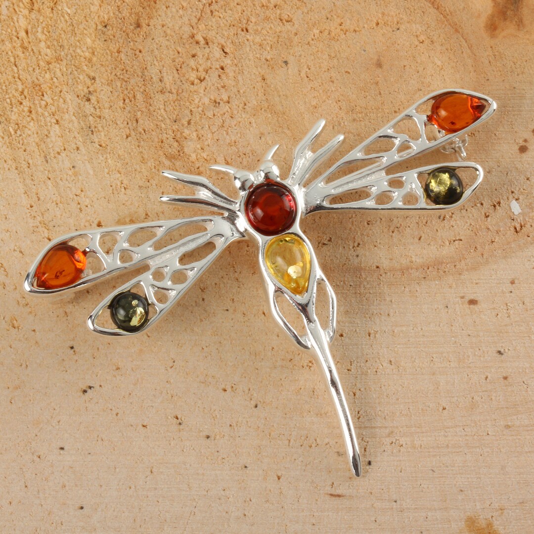 Amber Dragonfly Brooch 925 Sterling Silver Genuine Honey, Green and ...