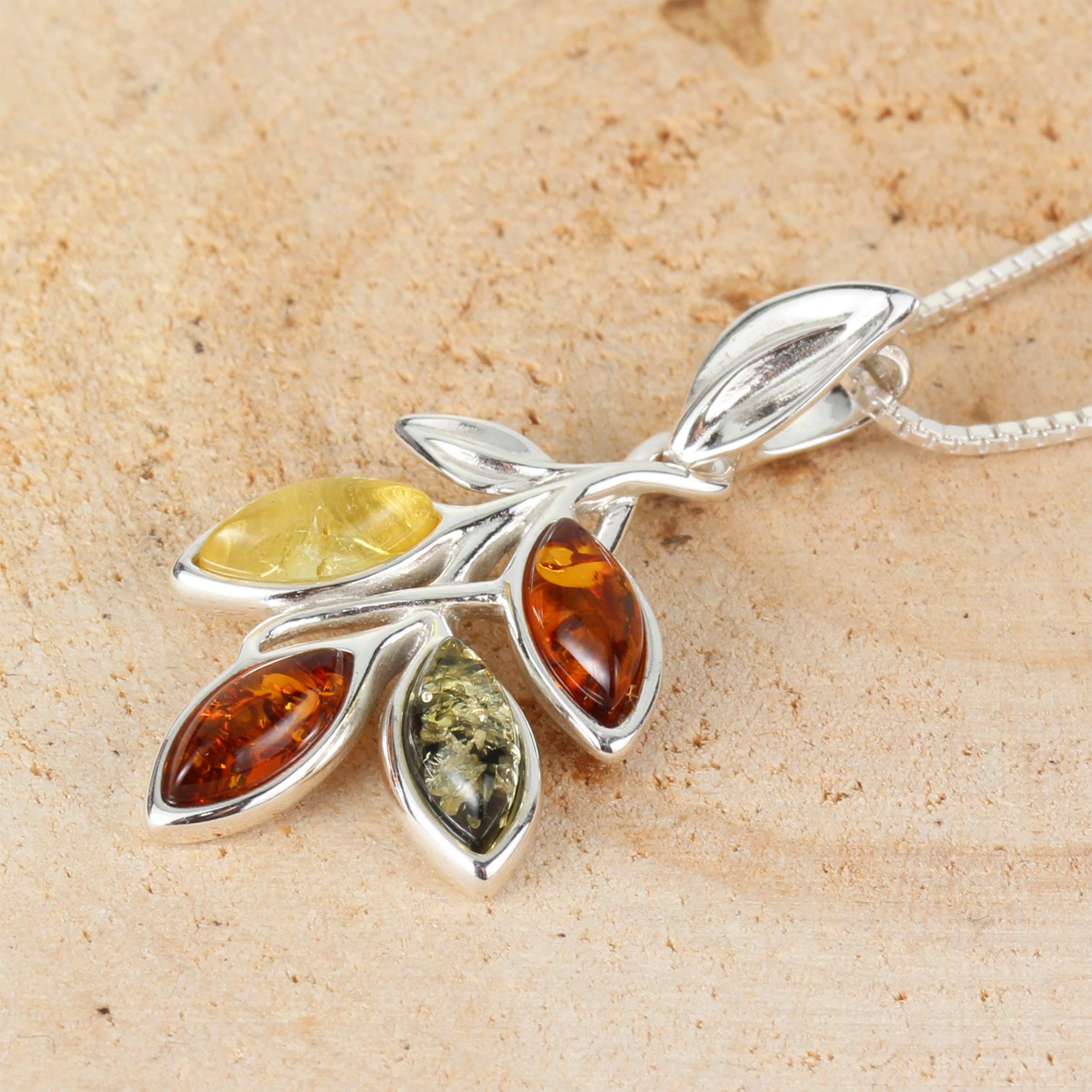 Amber Leaves Pendant 925 Sterling Silver Genuine Multicoloured Baltic ...