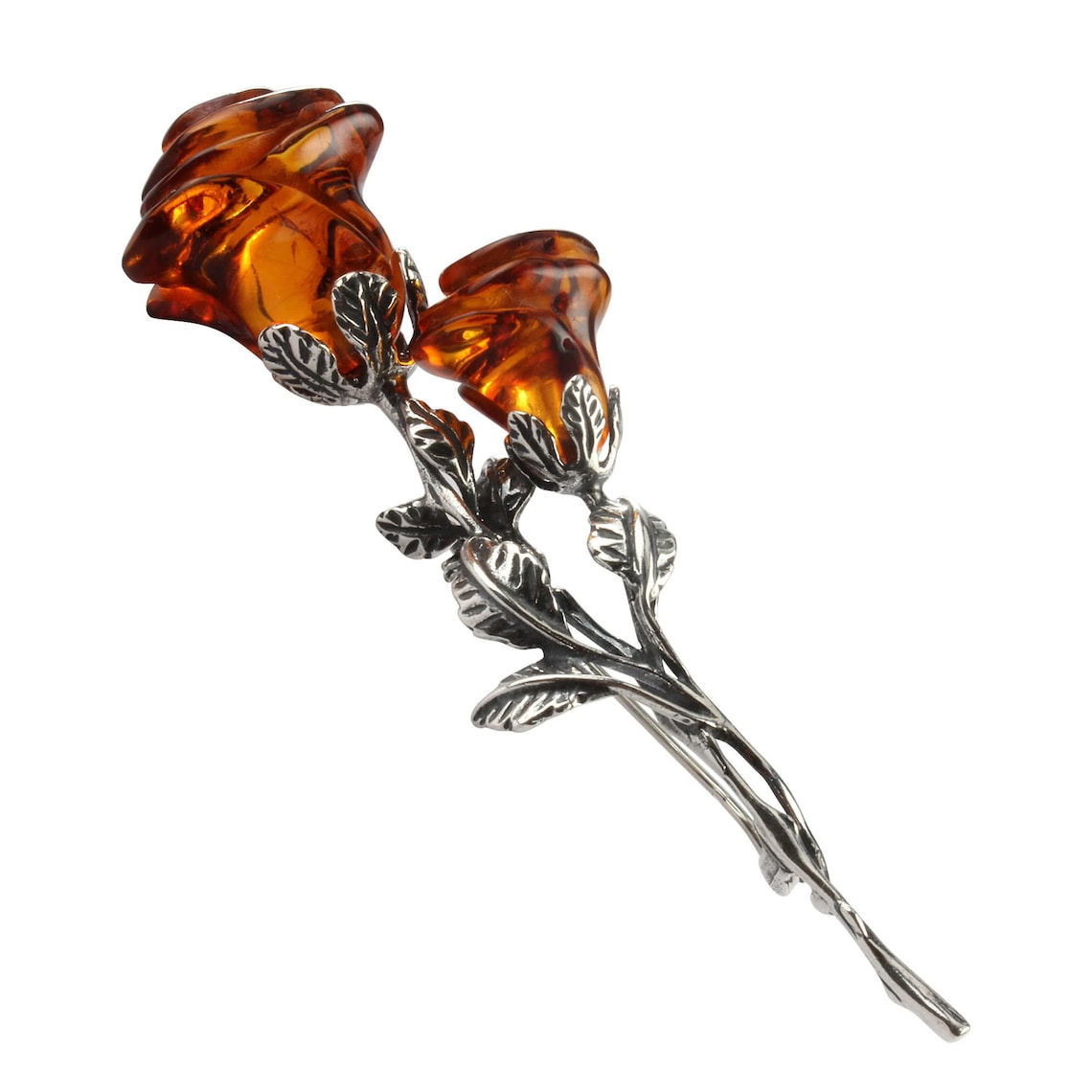 Amber Rose Brooch 925 Sterling Silver Genuine Cognac Baltic Amber Hand ...