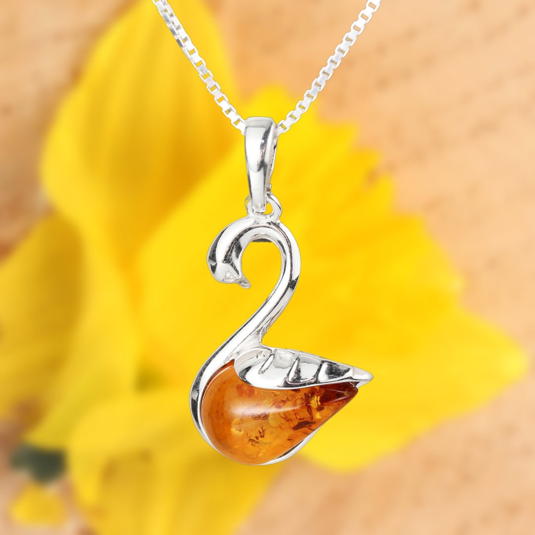 Amber Swan Pendant 925 Sterling Silver Genuine Honey Baltic Amber ...