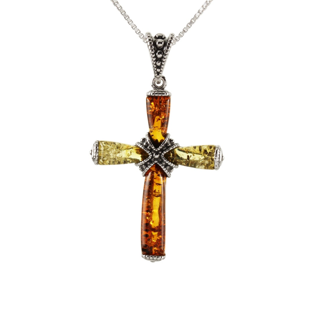 Amber Cross Pendant 925 Sterling Silver Genuine Green and Honey Baltic ...