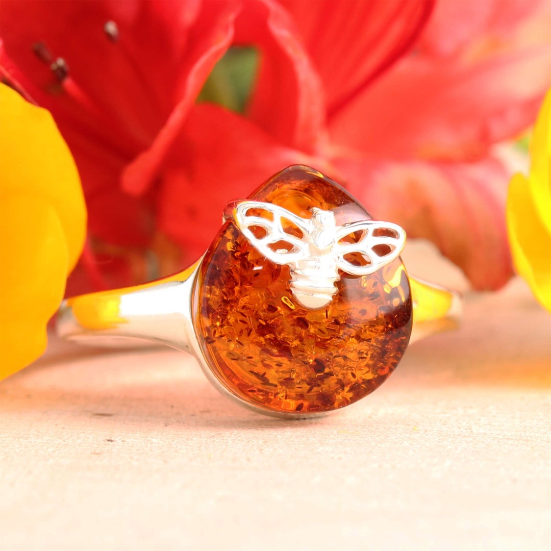 Amber Bee Ring 925 Sterling Silver Genuine Honey Baltic Amber Animals ...
