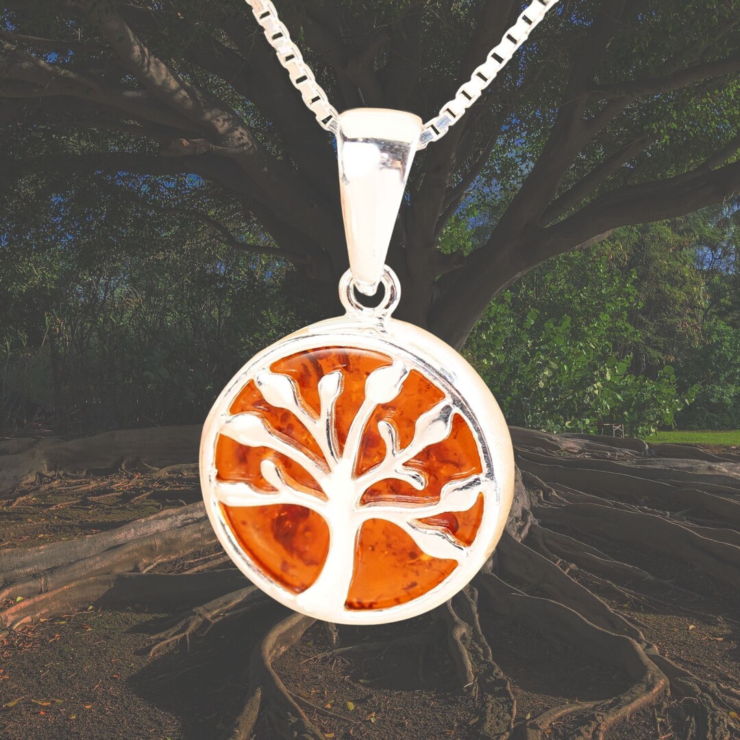 Amber Tree of Life Pendant 925 Sterling Silver Genuine Honey Baltic ...