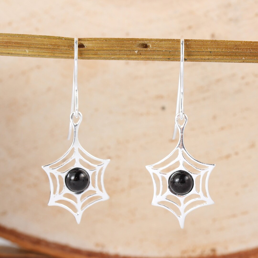 Jet Cobweb Drop Earrings 925 Sterling Silver Genuine Black Jet Gothic ...