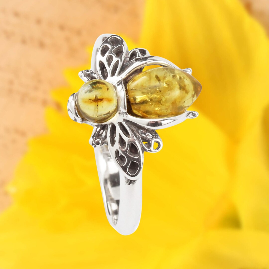 Amber Bee Ring 925 Sterling Silver Genuine Lemon Baltic Amber Animals ...