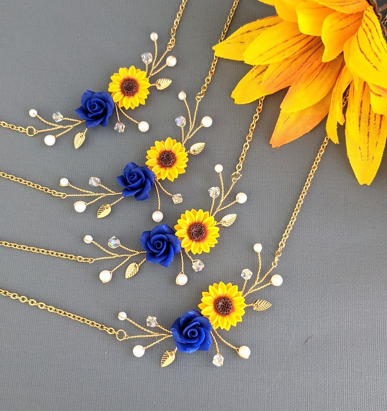 Sunflower Bridesmaid Necklace: Royal Blue Rose, Swarovski Pearl Jewelry ...