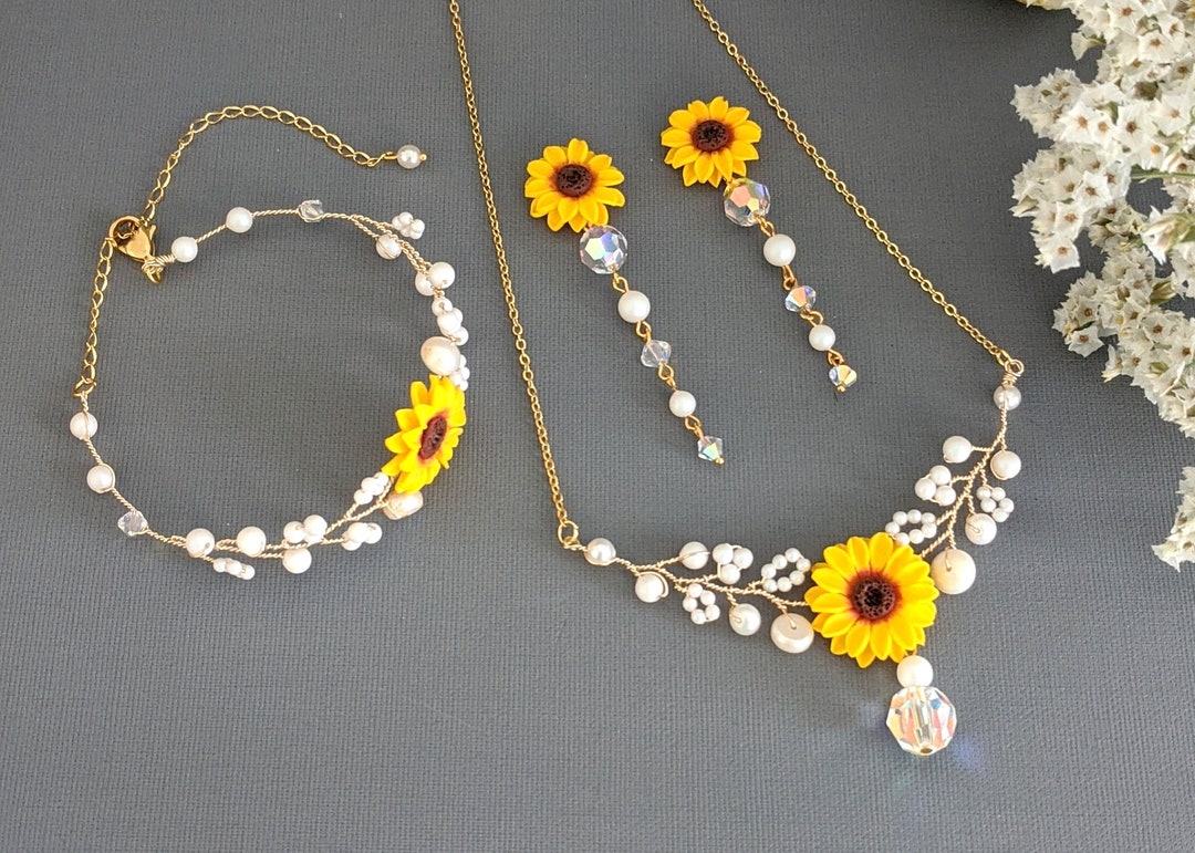 Sunflower Jewelry Set - Elegant Pearl Necklace, Earring, and Bracelet ...
