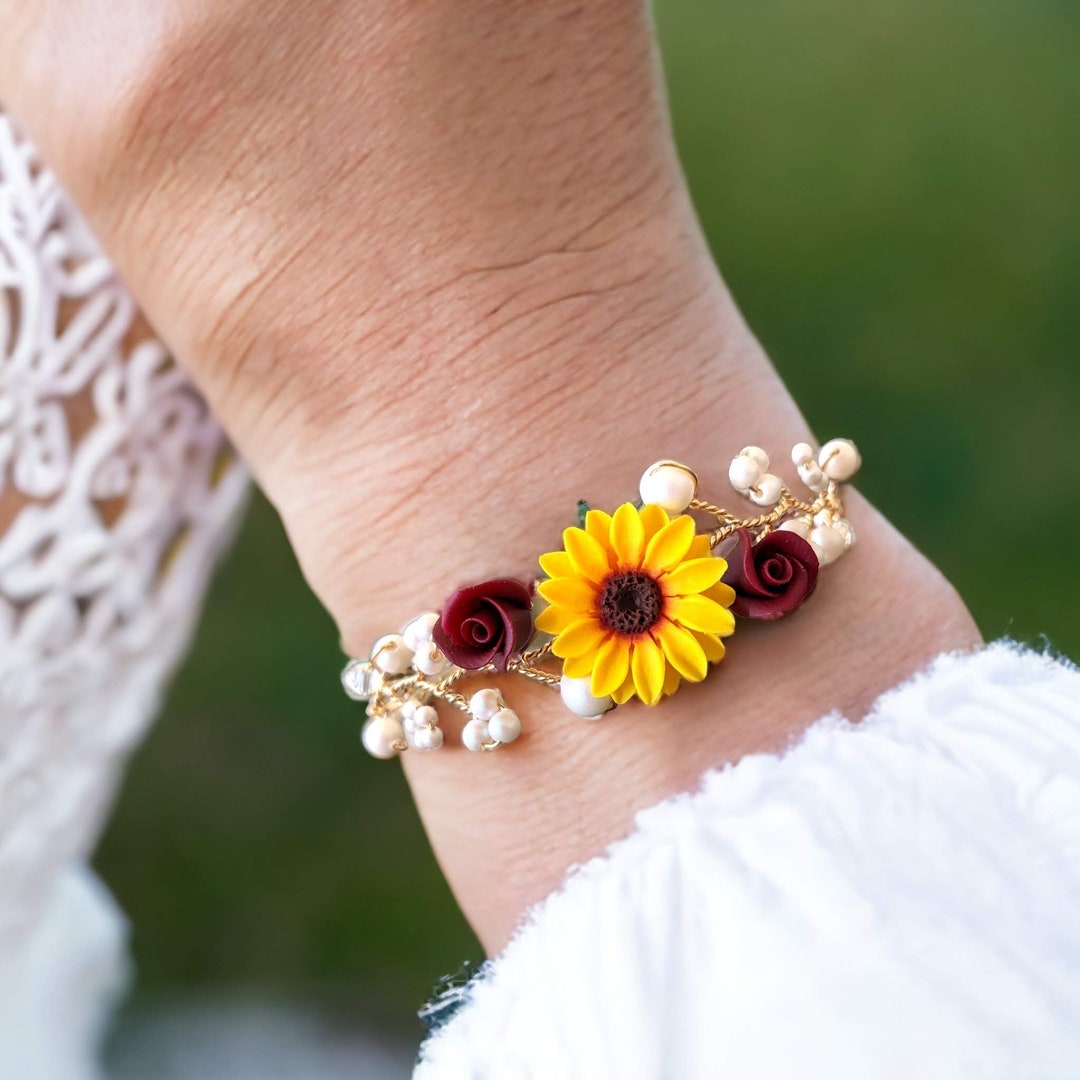Sunflower Burgundy Rose Bracelet Sunflower Bracelet Sunflower Pearl ...