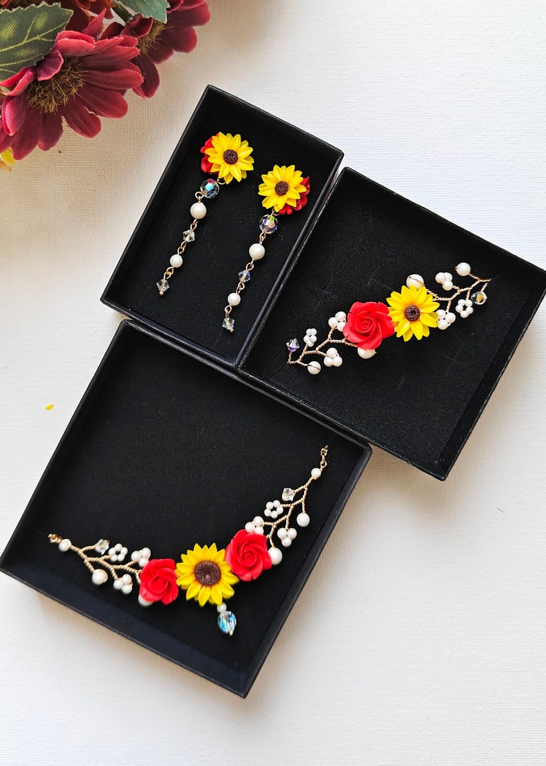 Sunflower Pearl Wedding Jewelry Set – Burgundy Rose Bridal Necklace ...