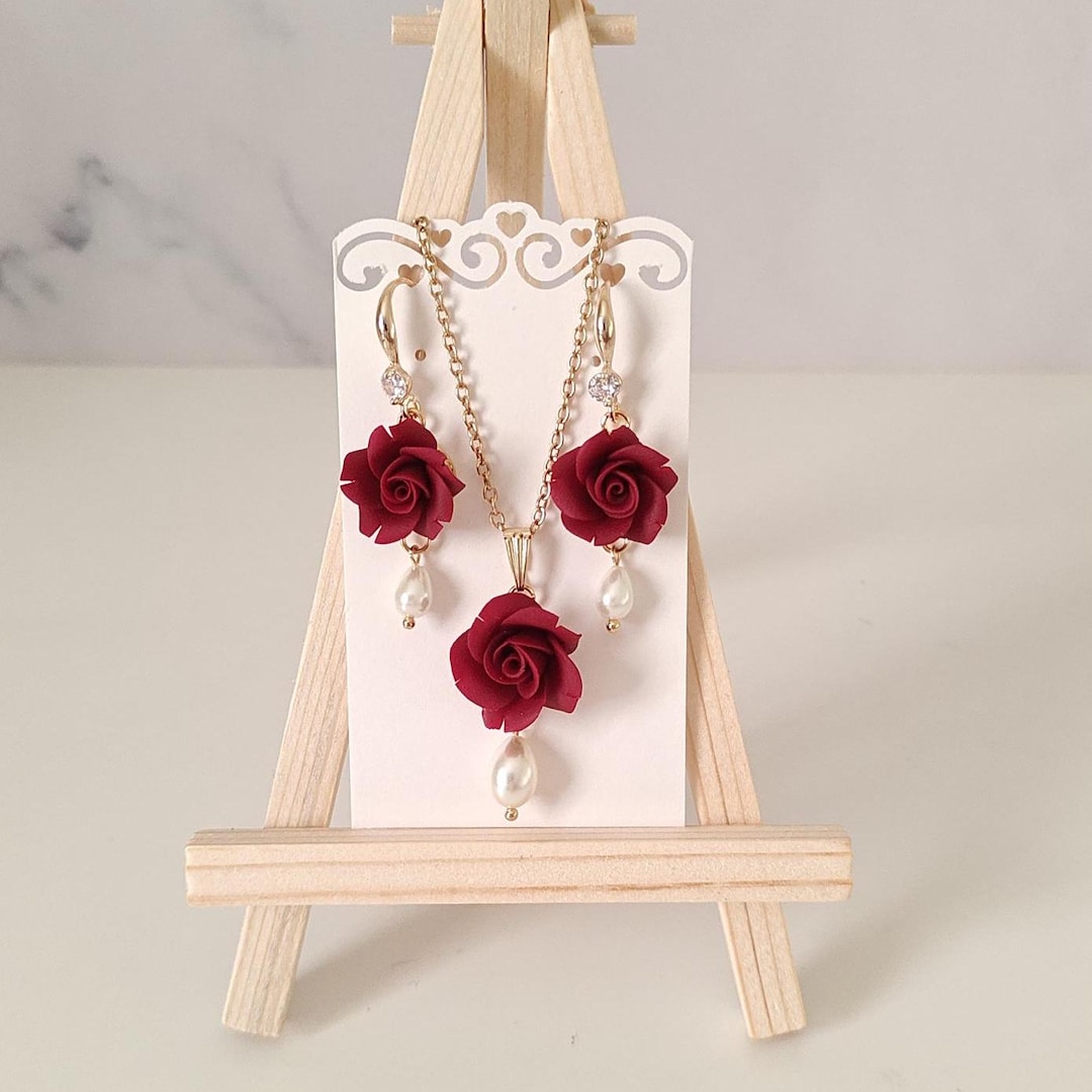 Burgundy Rose Jewelry Set: Handmade Polymer Clay Floral Earrings ...