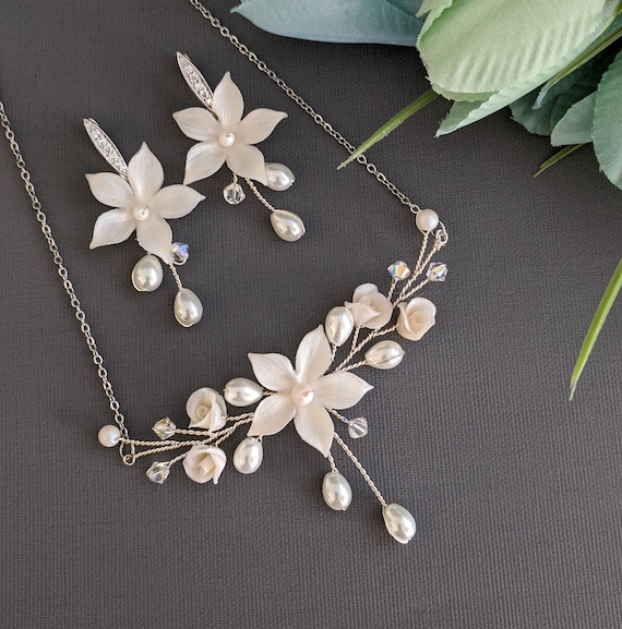 Bridal Necklace Set Bridal Jewelry Set Bridal Earrings Necklace Bracelet Wedding Jewelry Set Floral Wedding Necklace White Ivory Necklace Etsy
