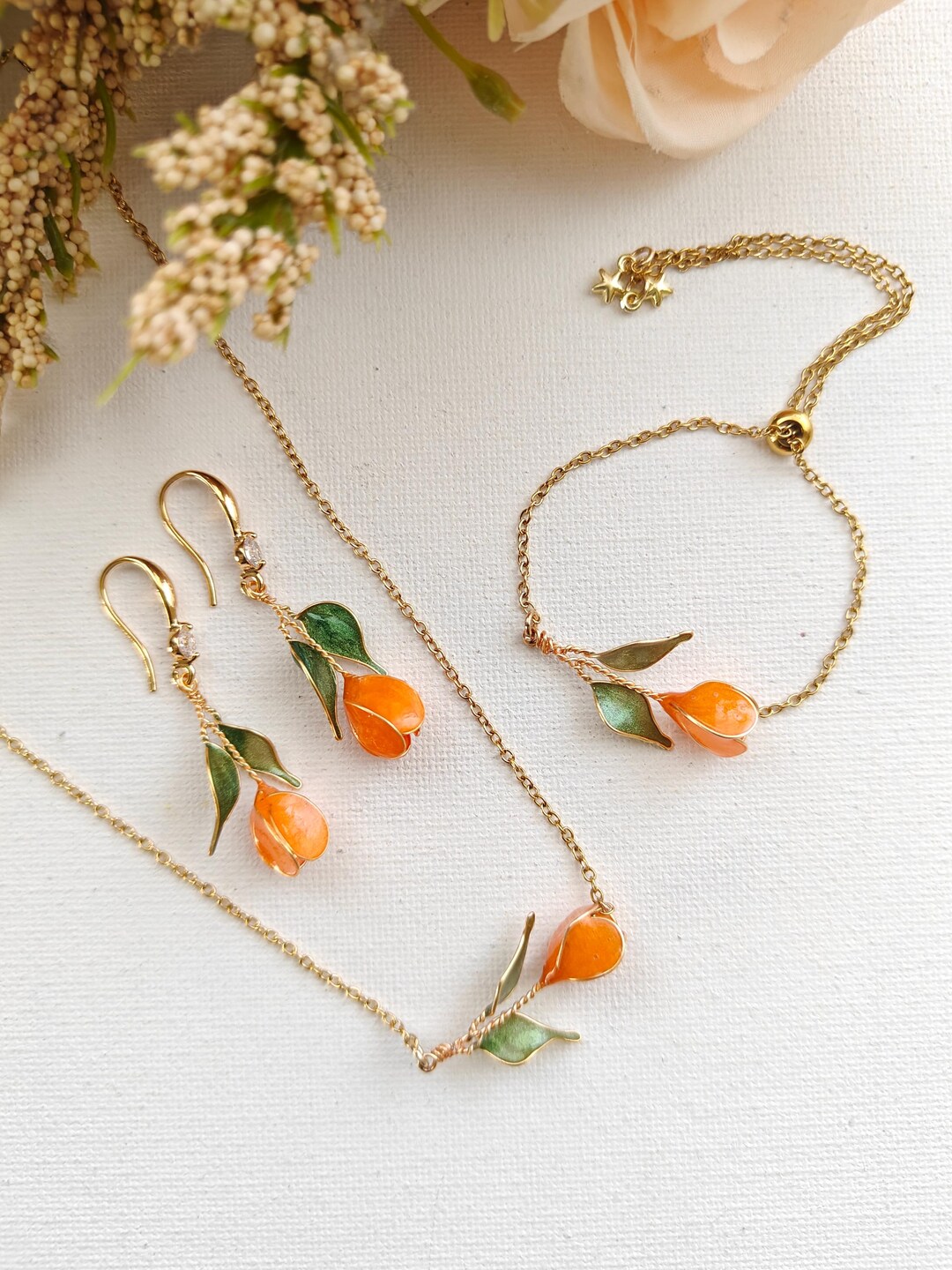 Handmade Tulip Jewelry Set: Art Necklace, Earrings & Bracelet - Etsy