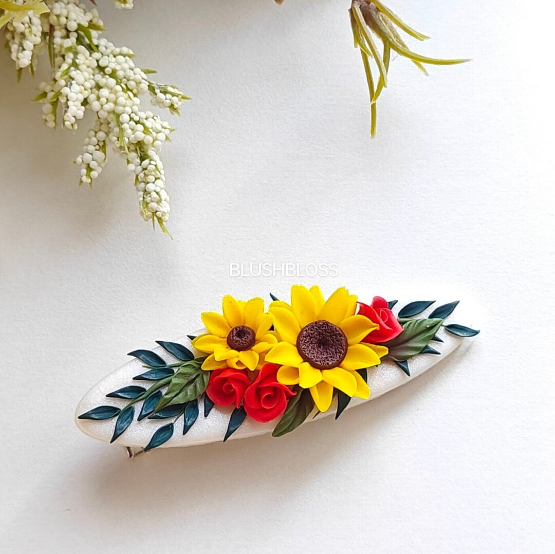 Sunflower Red Rose Alligator Clip, Yellow Burgundy Hair Clip, Clay ...