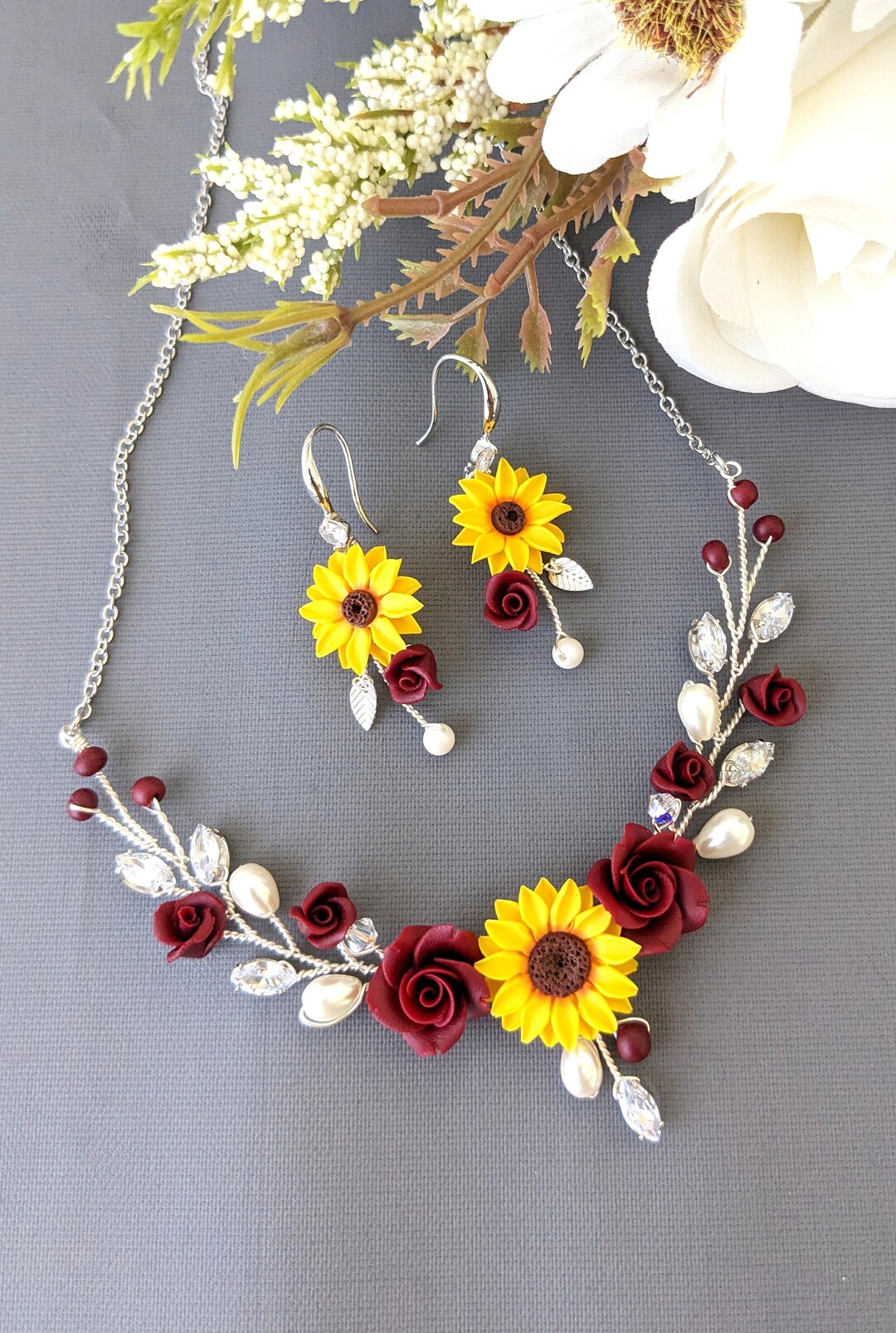 Fall Blooms Collection: Polymer Clay Sunflower and Burgundy Rose ...