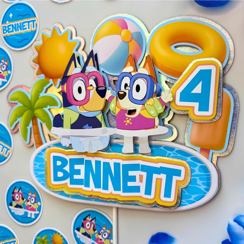 Bluey Cake Topper, Blue Summer Pool Party, Bluey Boys Birthday, Bluey ...