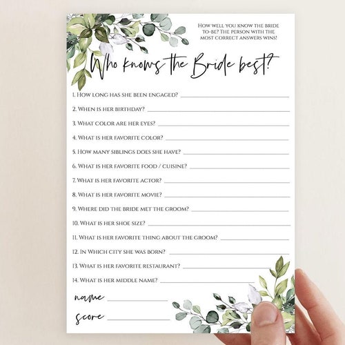 Who Knows the Bride Best Game Template 20 Questions About the - Etsy